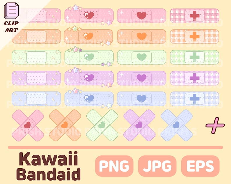Kawaii Clipart Set Cute Bandaid PNG Clip Art Bandage Stickers EPS Love Plaster Vector Graphics ...