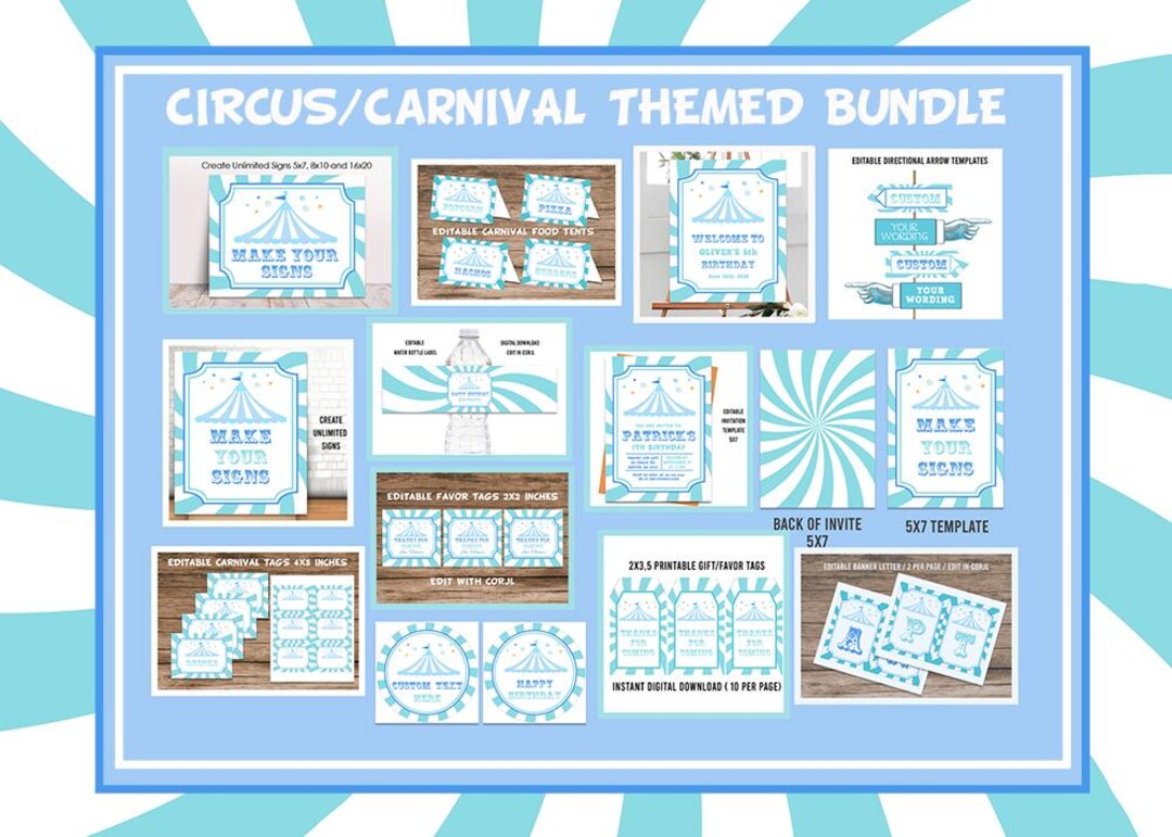 Blue Carnival Theme Party Bundle, Invitation & Decoration, Printable ...