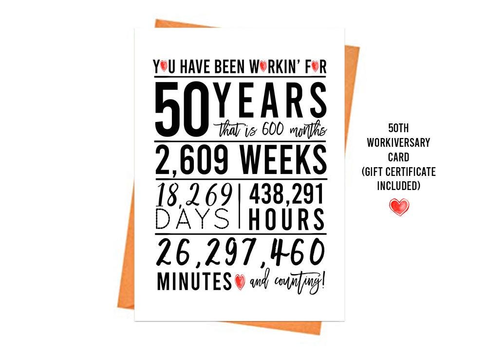 50th Work Anniversary Card, PRINTABLE Anniversary Card, 50th ...