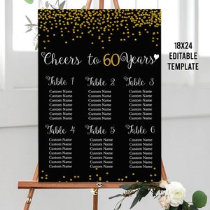 EDITABLE 60th Birthday Seating Chart, Printable Gold Seating Chart ...