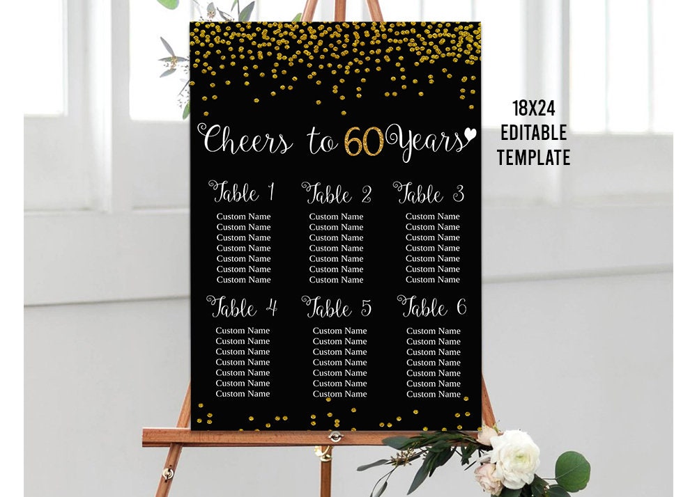 EDITABLE 60th Birthday Seating Chart, Printable Gold Seating Chart ...