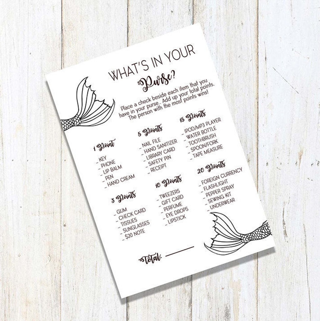 Printable Whats in Your Purse, Mermaid Whats in Your Purse, Black and ...