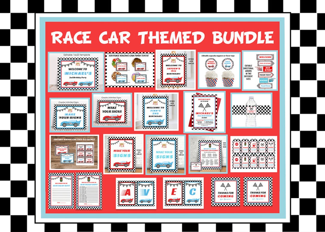 Race Car Party Printable Decorations & Invitation Template Bundle, Two ...