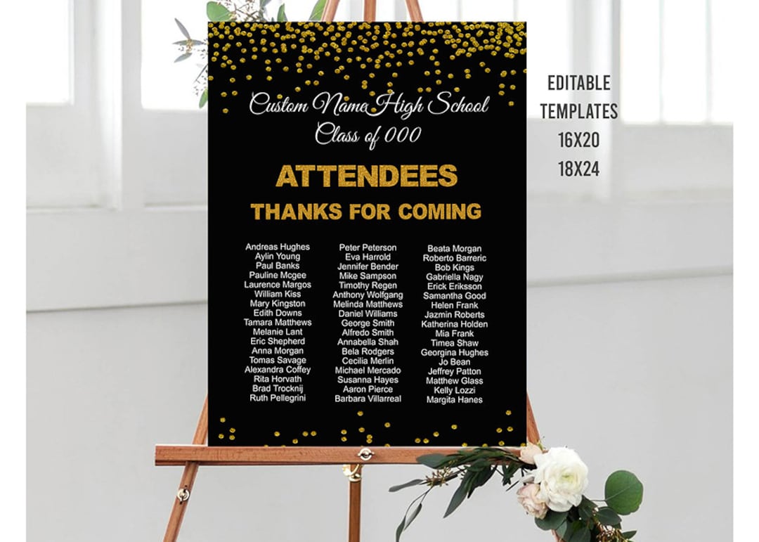 Editable Reunion Attendees Sign, Reunion Classmates Sign, Gold Reunion ...