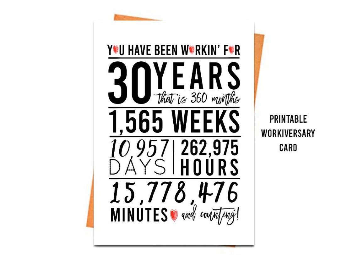 30th Work Anniversary Card, PRINTABLE Anniversary Card, 30th ...
