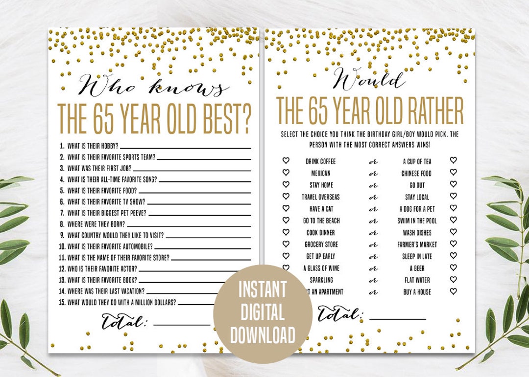 Gold 65th Birthday Game Bundle, Printable, 65th Birthday Party Activity ...
