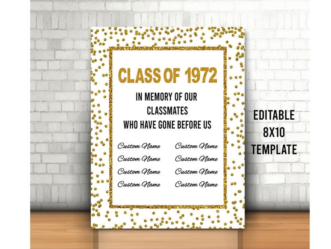 Editable in Memory Sign for Class Reunion, Gold Memorial Sign Template ...