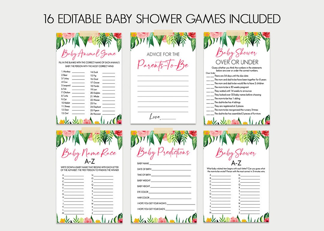 Tropical Baby Shower Games Bundle, Greenery Floral Palm Leaves ...