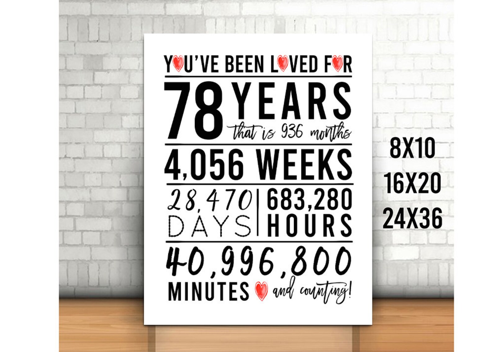 78th Birthday Sign, You Have Been Loved for 78 Years Sign, 8x10, 16x20 ...