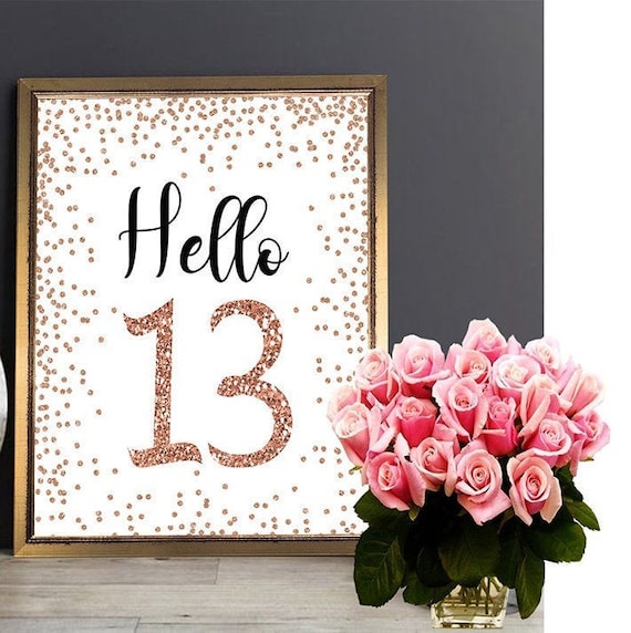 Rose Gold Hello 13 Sign Printable 13th Sign Cheers to 13 | Etsy