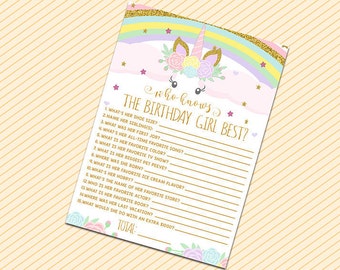 Pink and Gold Unicorn Birthday Party Games, Who Knows the Birthday Girl ...