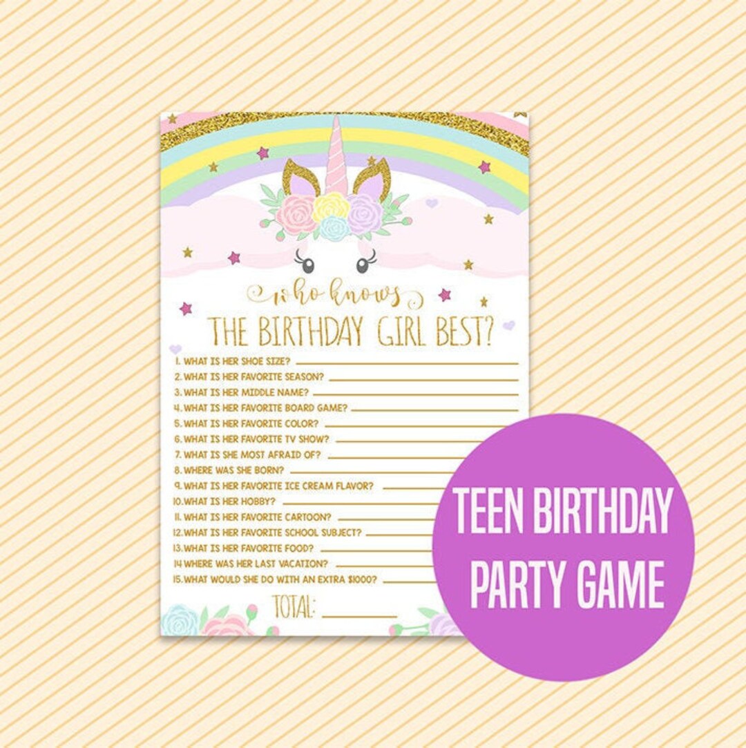 Unicorn Teen Birthday Party Game, Who Knows the Birthday Girl Best Game ...