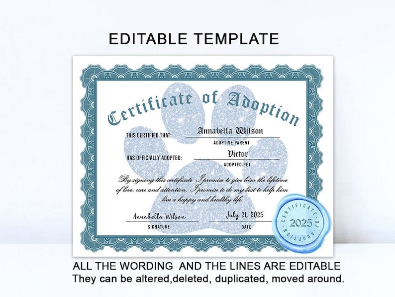 Editable Certificate of Adoption, Printable, Pet Adoption, Blue Pet ...