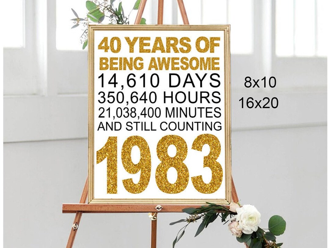 Gold 40th Birthday Sign, 40 Years of Being Awesome Sign, Born in 1983 ...