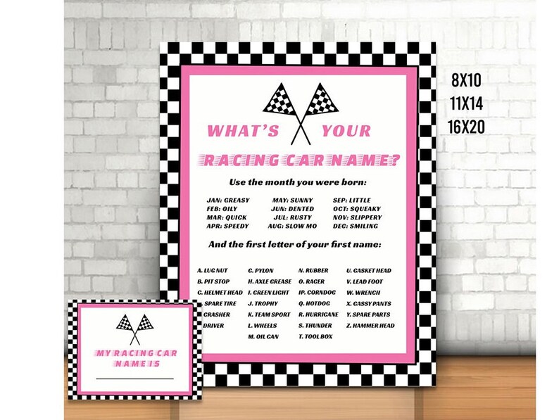 Pink Race Car Name Name Sign and Card Printable Car Names - Etsy