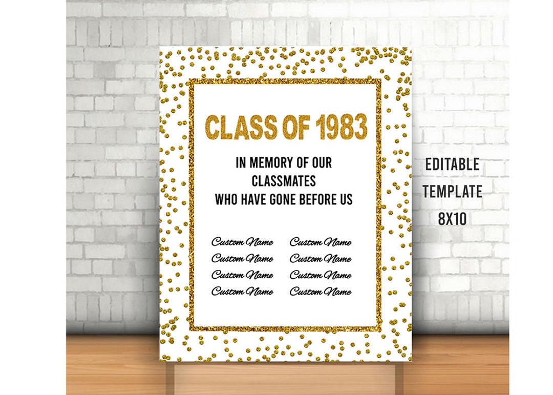 Editable in Memory Sign for Class Reunion, Gold Memorial Sign Template ...