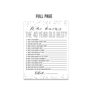 Silver 40th Birthday Game, Printable, 40th Birthday Party Activity ...