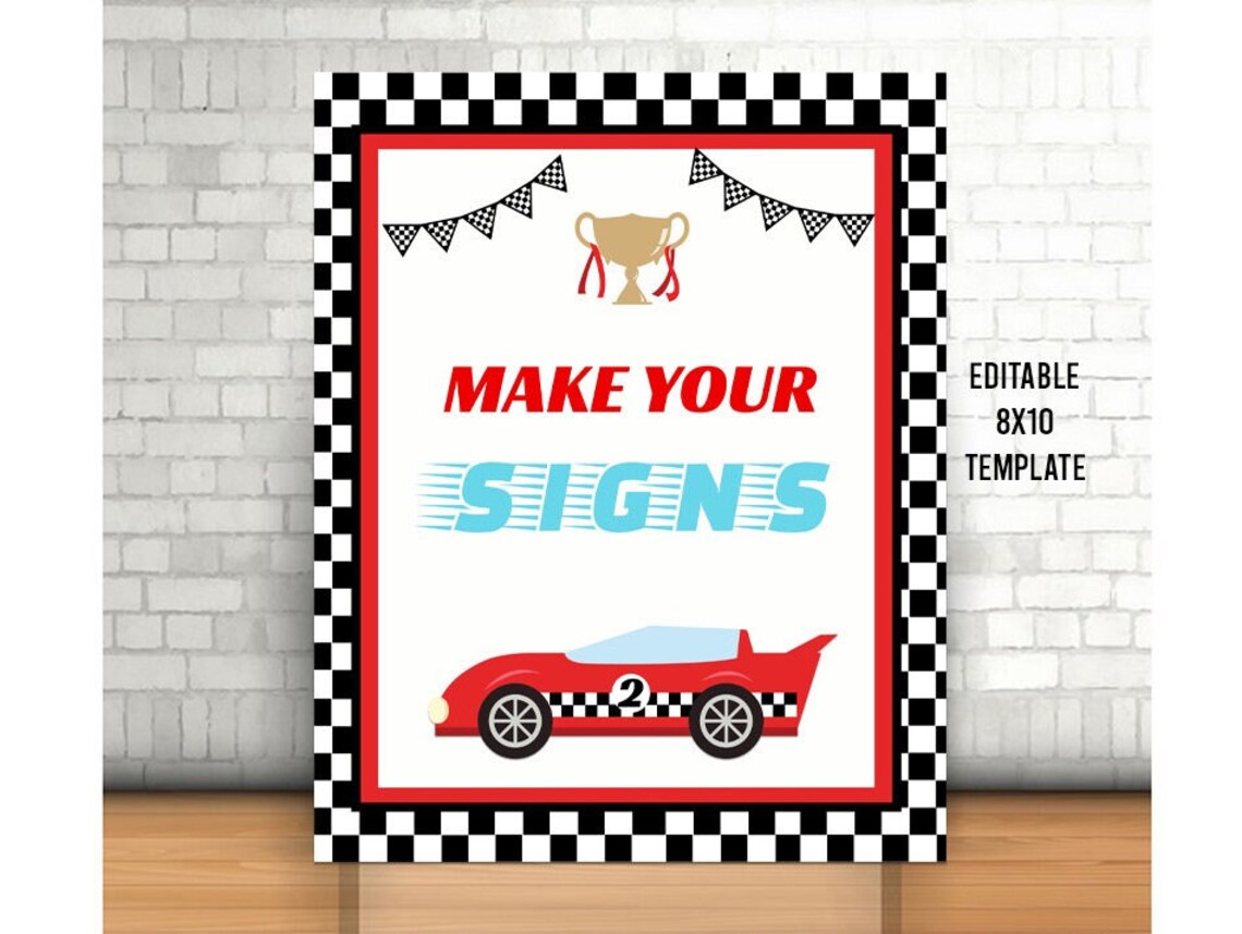 Race Car Custom Sign Template, Race Car Birthday Party Sign, Editable ...