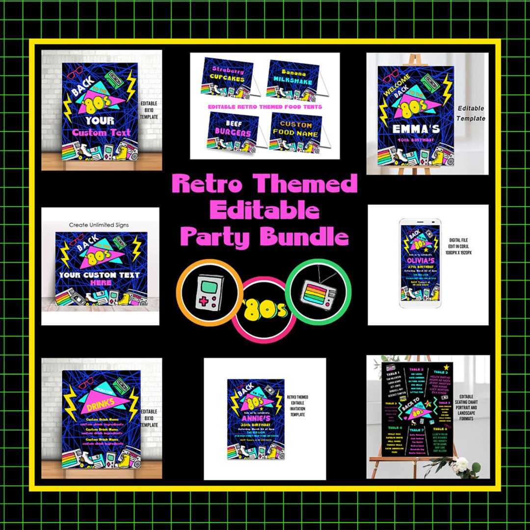 Retro Theme Party Bundle, Invitations & Decorations, Printable Package ...