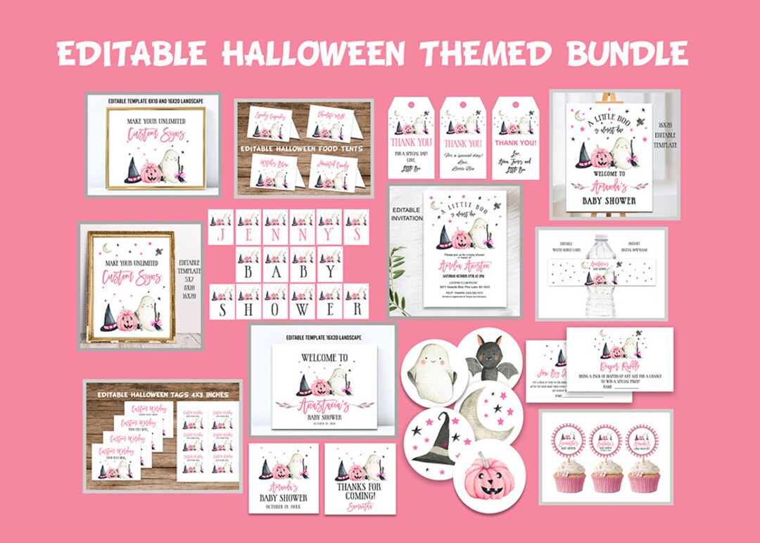 Pink Halloween Theme Party Bundle, Invitations & Decorations, Printable ...