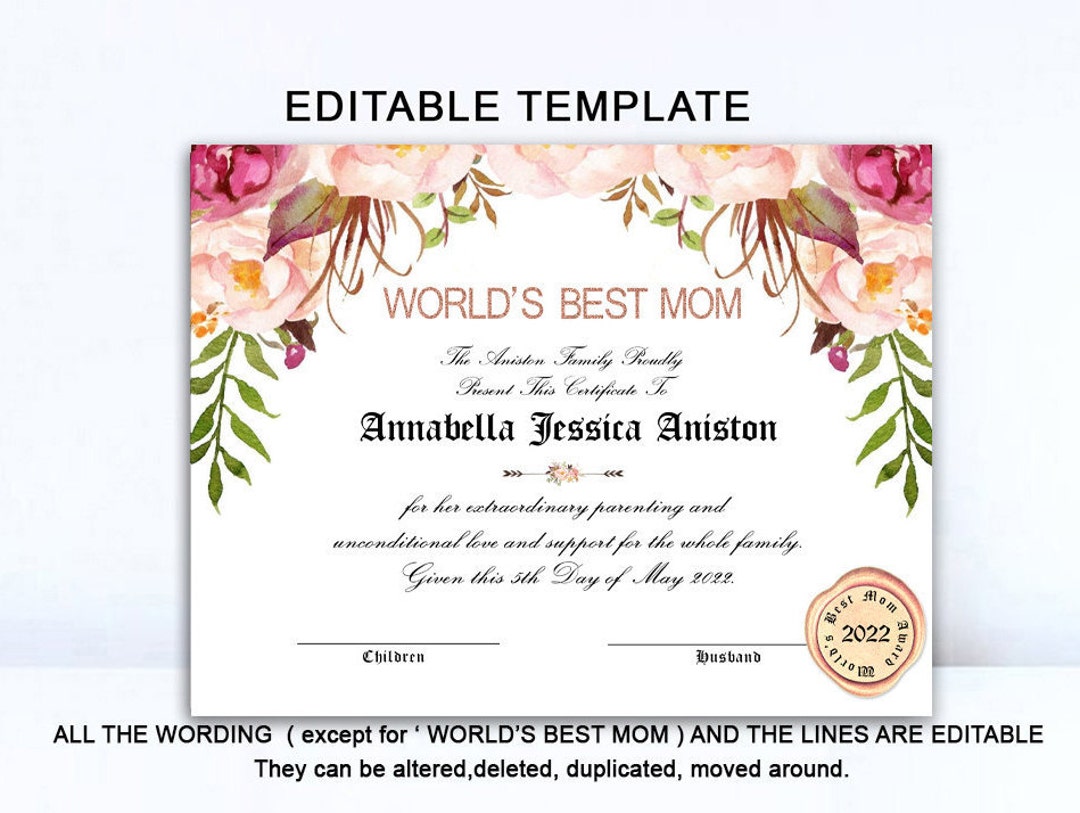 Mother's Day Gift, Printable World's Best Mom Certificate, Personalized ...