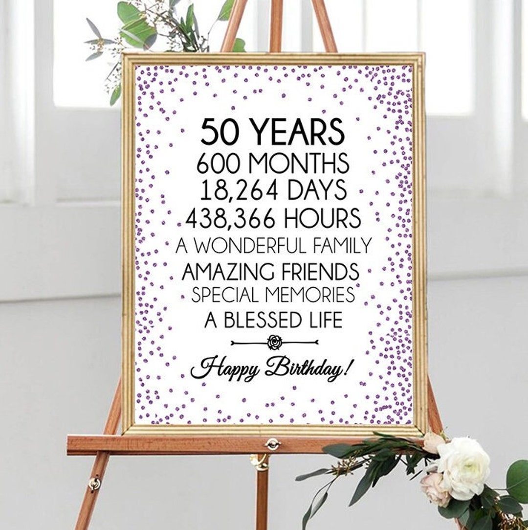 Purple 50th Birthday Sign, 8x10, 16x20, Printable, Cheers to 50 Years ...