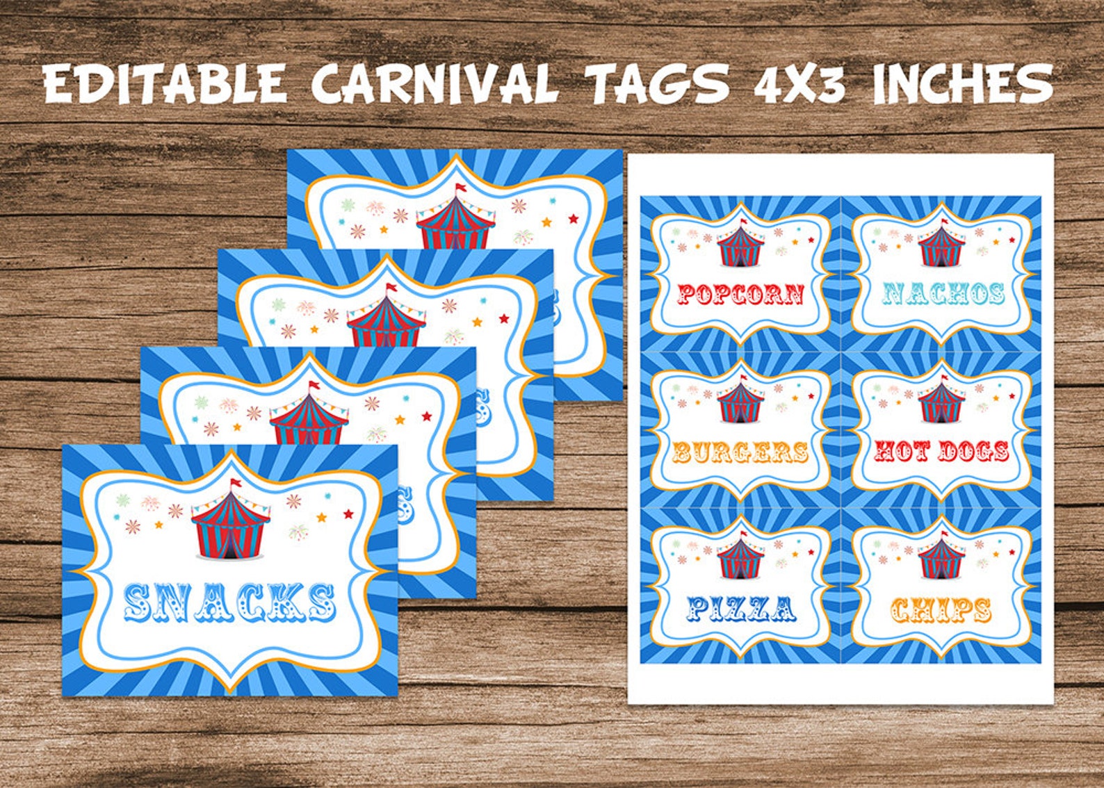 Editable Blue Carnival Birthday Tags, Printable, Circus Tent Template ...