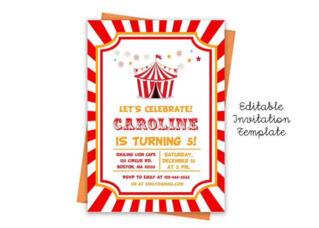 Editable Circus Themed Birthday Party Invitation, Carnival Birthday ...
