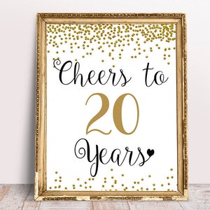 Cheers to 20 Years, 20th Birthday Sign, 20th Anniversary Sign, Gold ...