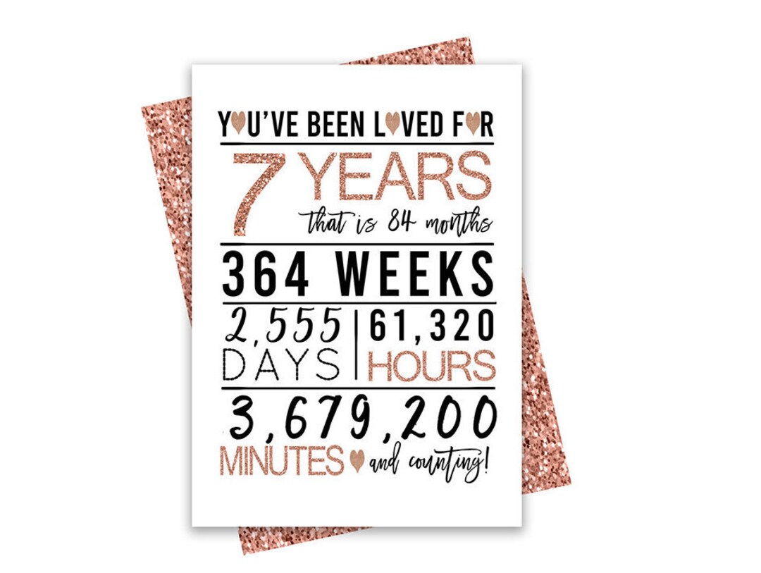 Rose Gold 7th Birthday Card, Printable Birthday Card, 7th Birthday ...