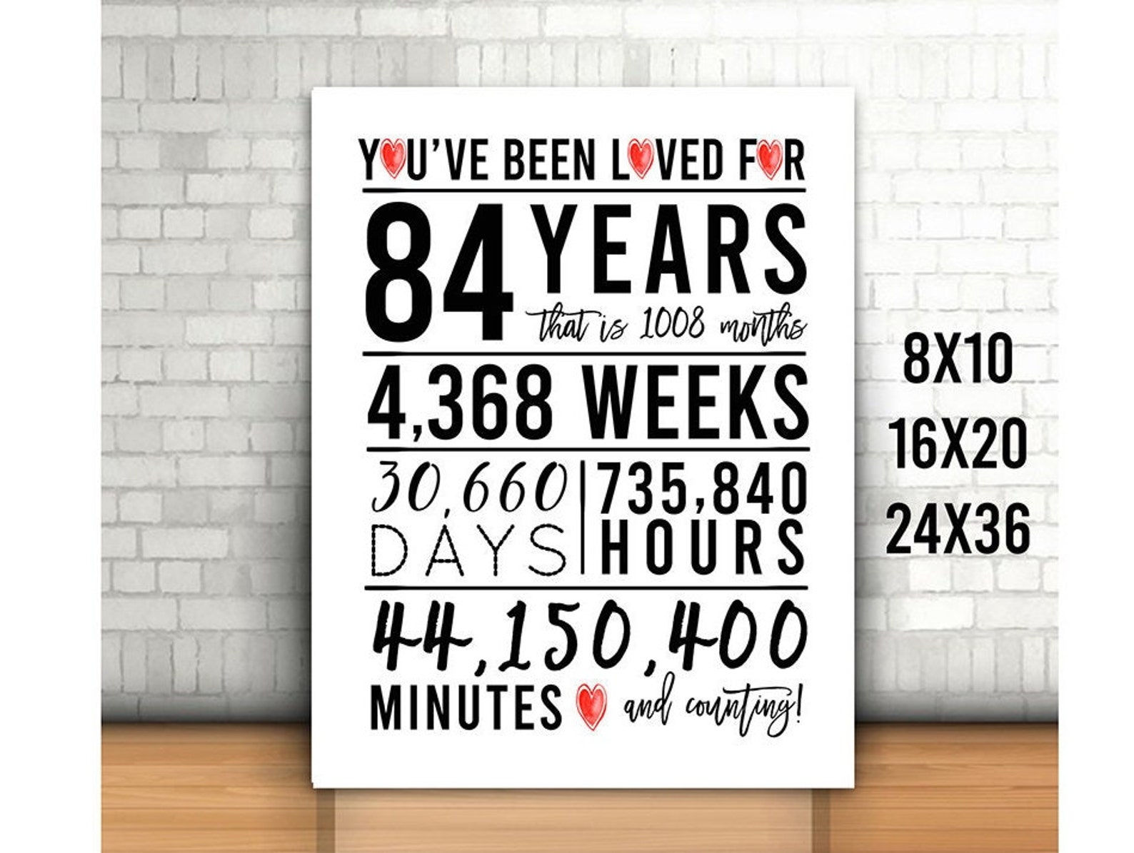 84th Birthday Sign, You Have Been Loved for 84 Years Sign, 8x10, 16x20 ...