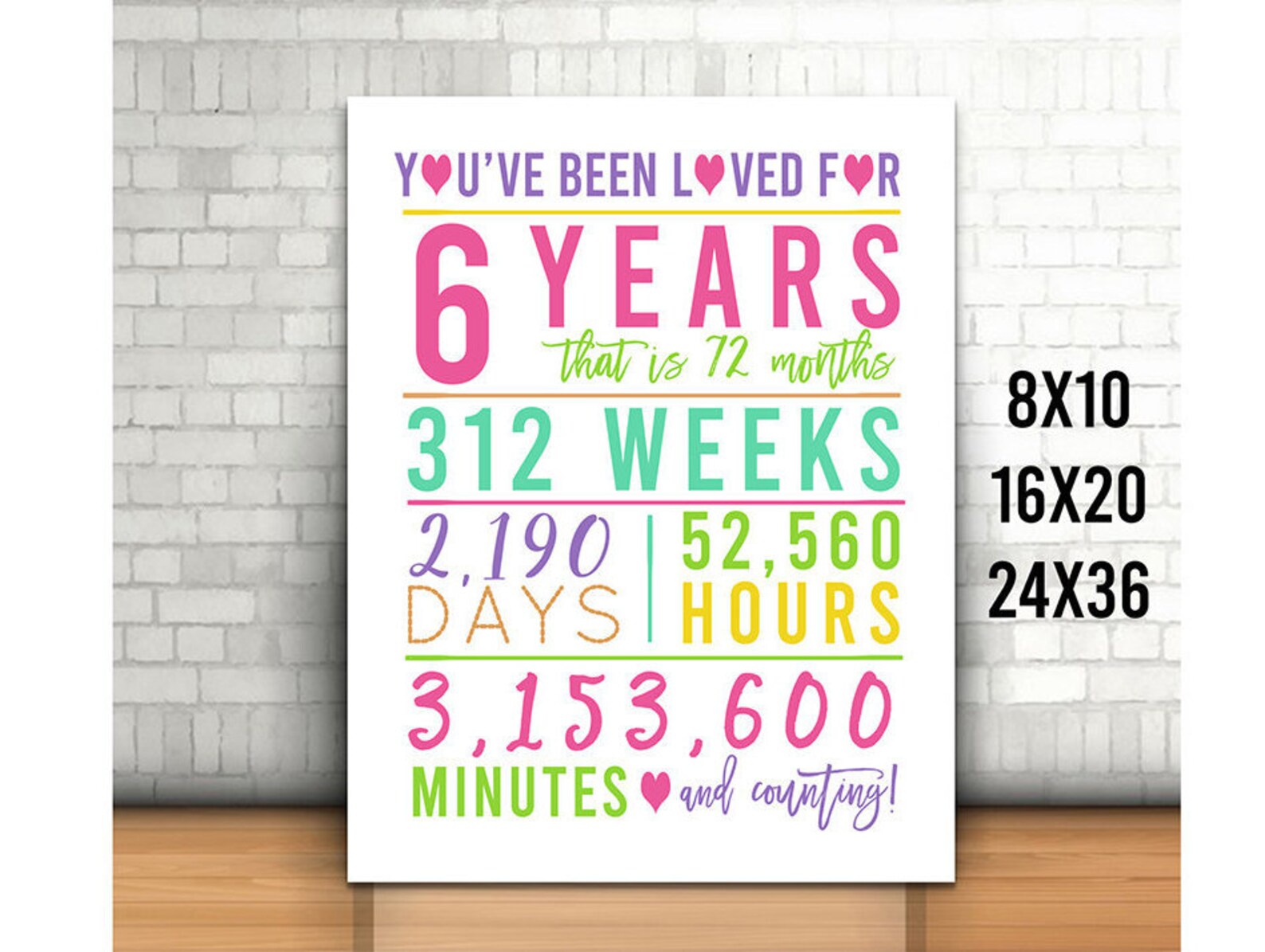 6th Birthday Sign, You Have Been Loved for 6 Years Sign, 8x10, 16x20 ...