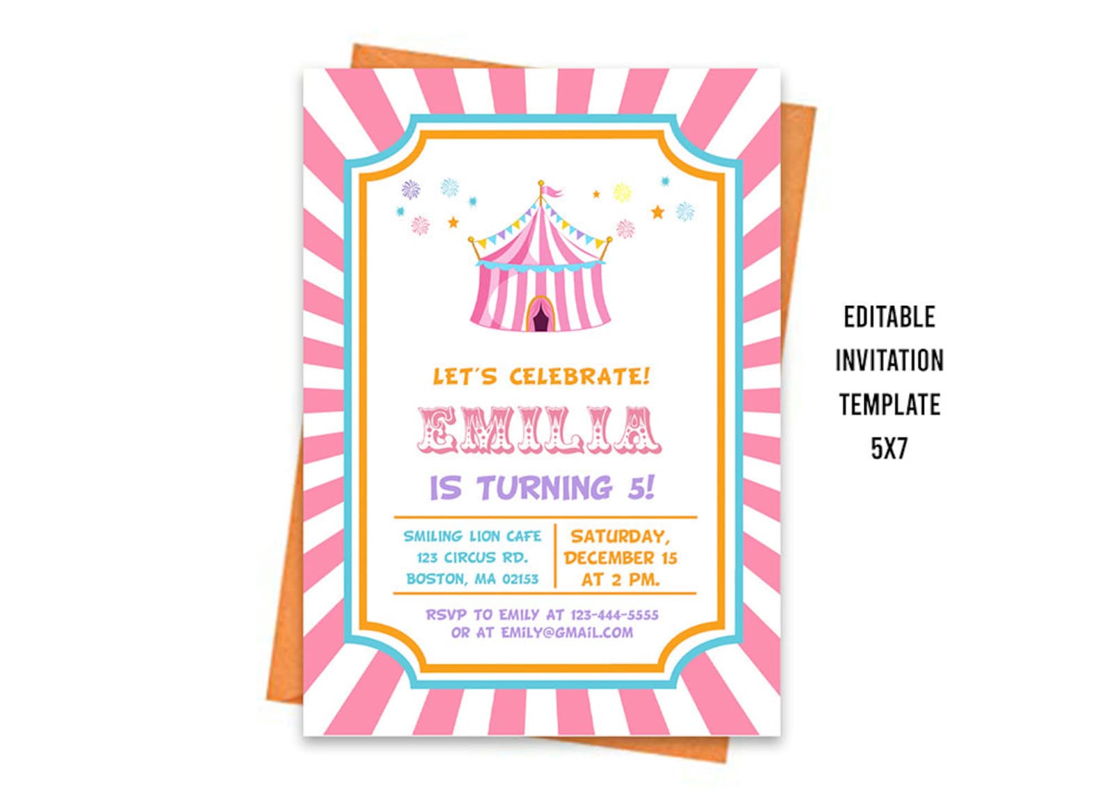 Editable Pink Circus Birthday Party Invitation, Carnival Birthday Party ...