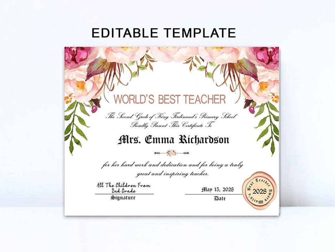 Teacher's Appreciation Gift, Printable World's Best Teacher Certificate ...