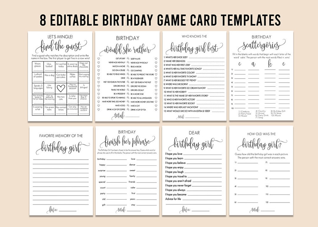 Modern Birthday Games Bundle, 8 Editable Games, Personalize Name ...