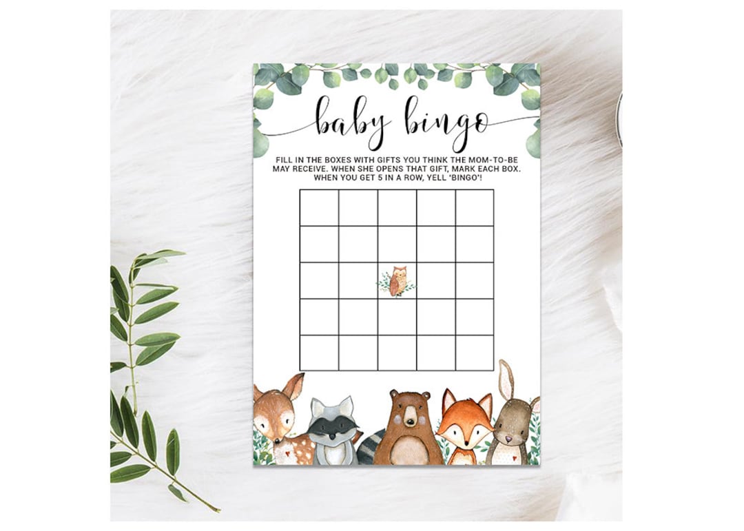 Woodland Baby Shower Bingo Game Gender Neutral Forest Animals, Greenery ...