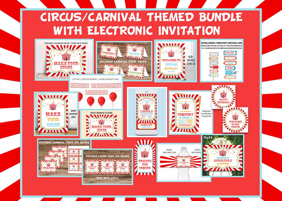 Circus Theme Party Bundle, Electronic and Printable Invitation ...