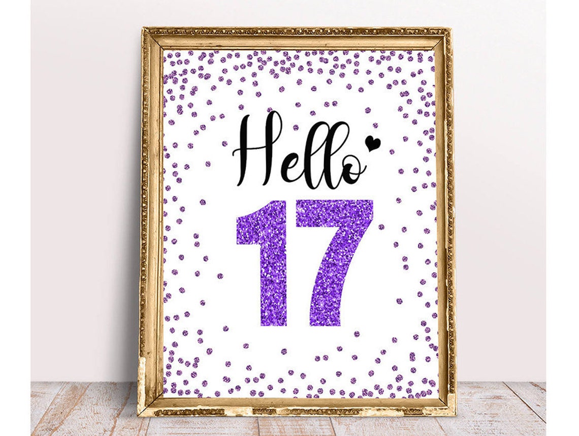 Purple Hello 17 Cheers to 17 Years 17th Birthday Sign 17th - Etsy