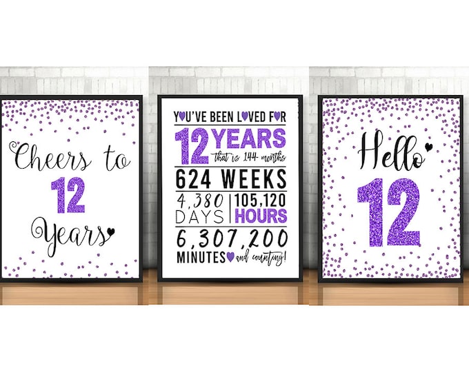 Number 12 Sign Printable 12th Birthday Girl Table Sign Hot Pink Purple ...