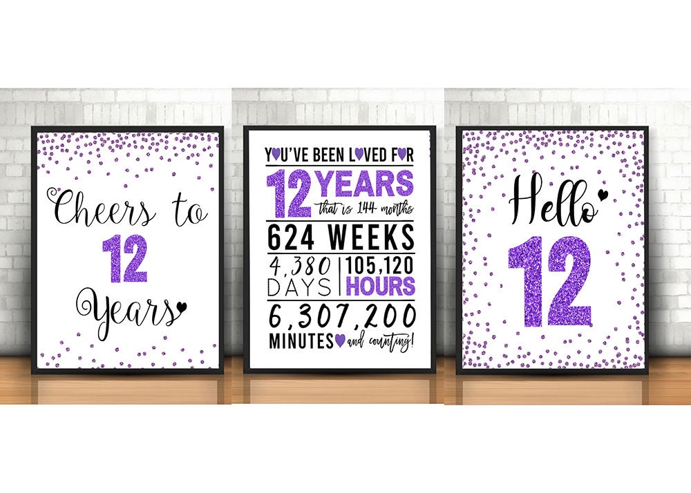 Purple 12th Birthday Signs Bundle, Cheers to 12 Years, Hello 12, Happy ...