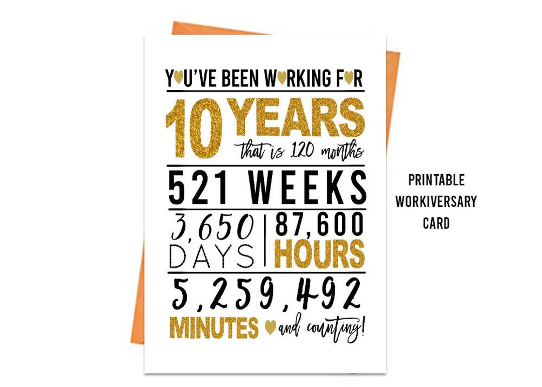 Gold 10th Work Anniversary Card, PRINTABLE Anniversary Card, 10th ...