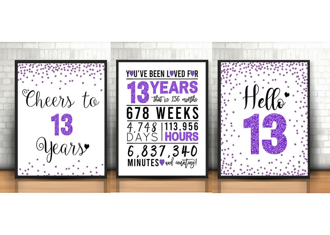 Purple 13th Birthday Signs Bundle, Cheers to 13 Years, Hello 13, Happy ...