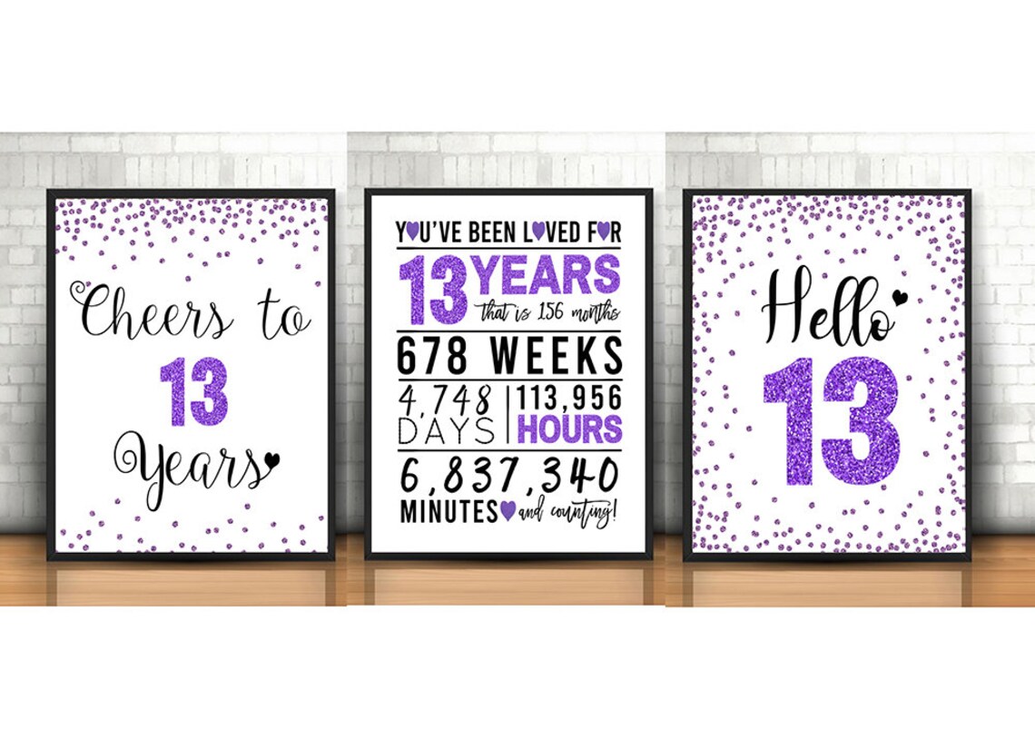 Purple 13th Birthday Signs Bundle, Cheers to 13 Years, Hello 13, Happy ...