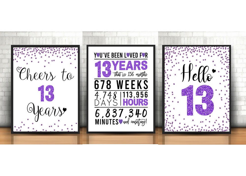 Purple 13th Birthday Signs Bundle, Cheers to 13 Years, Hello 13, Happy ...