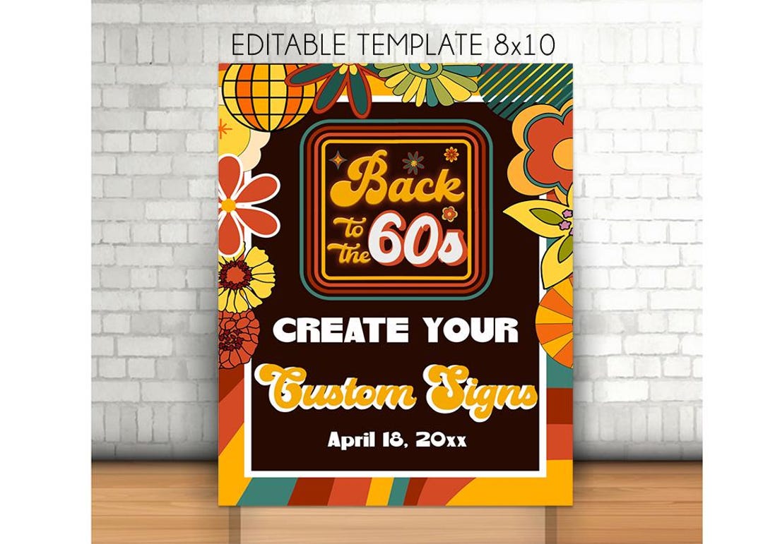 Editable 60s Retro Party Sign, Printable, Retro Floral Sign, Retro ...