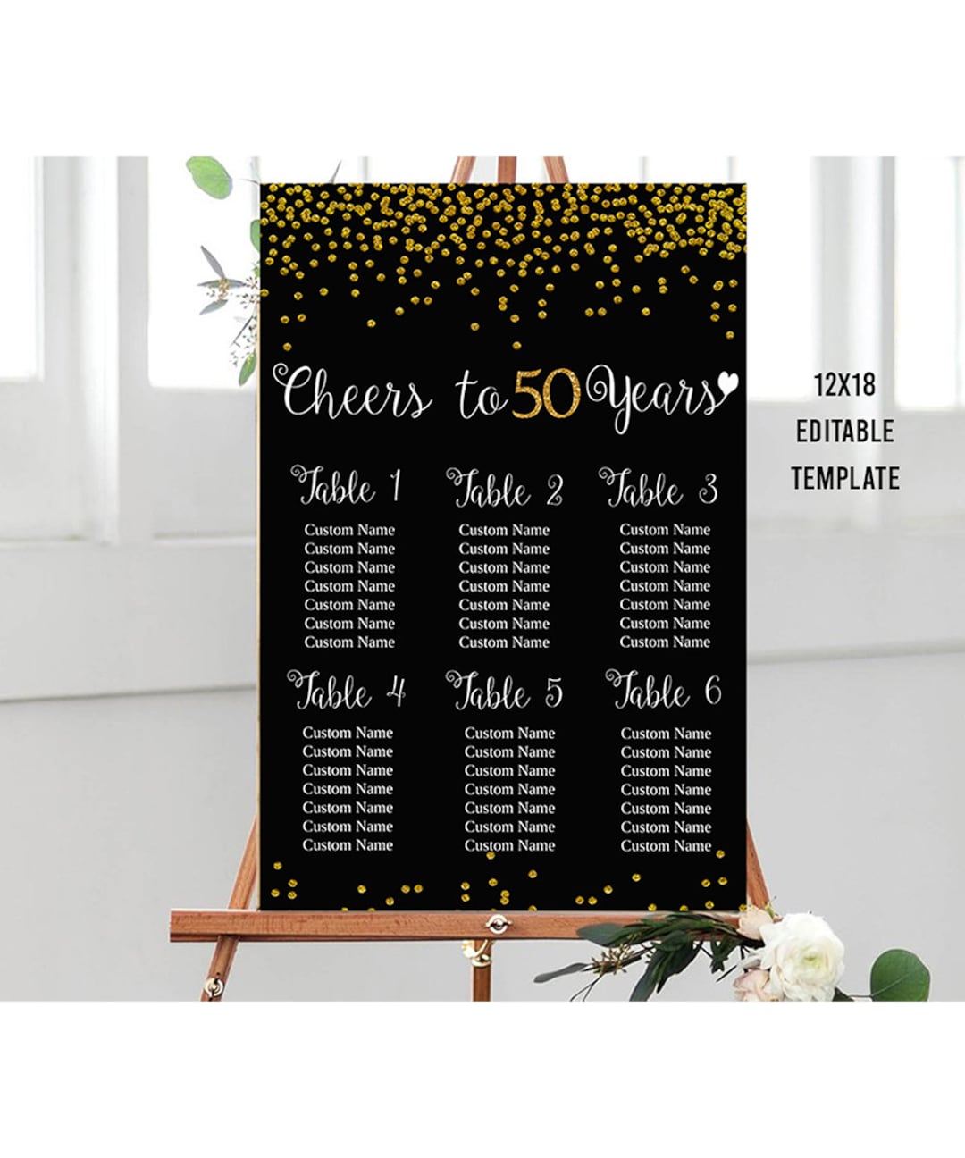 EDITABLE 50th Birthday Seating Chart, Printable Gold Seating Chart ...