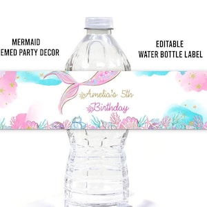 Mermaid Birthday Party Water Bottle Label, EDITABLE Under the Sea Water ...