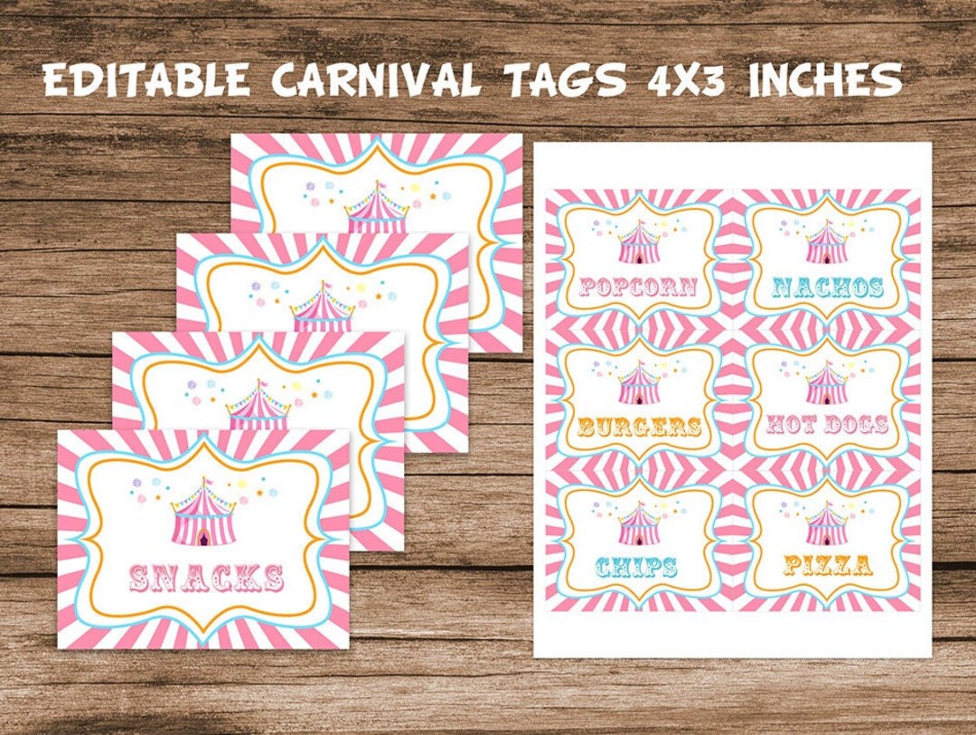 Editable Pink Carnival Birthday Tags, Printable, Circus Tent Template ...