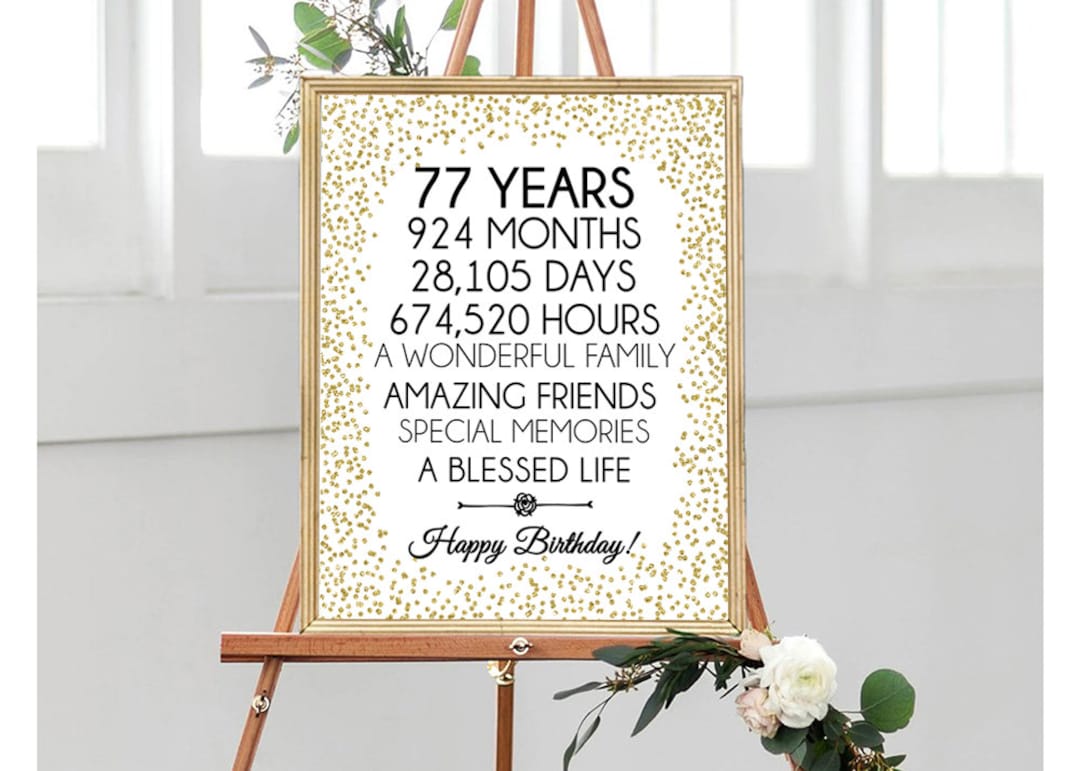 Gold 77th Birthday Sign, Printable, 77th Birthday Gift, Gold Birthday Party Decoration, 8x10 ...