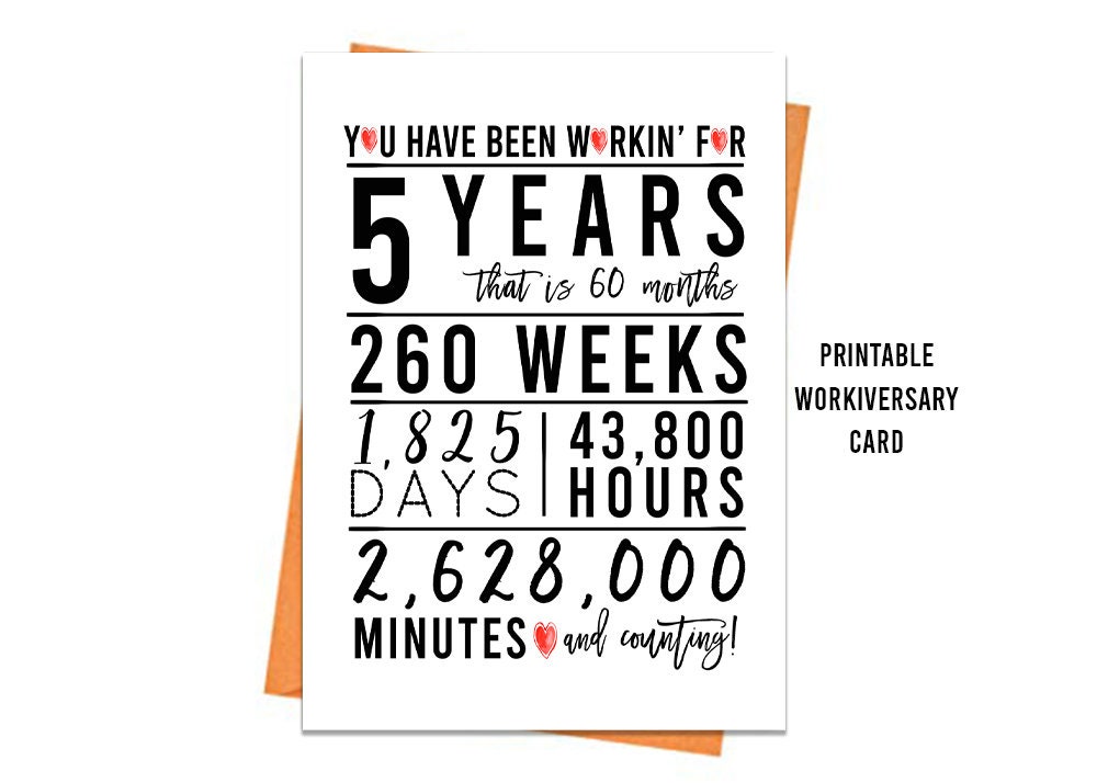 5th Work Anniversary Card, PRINTABLE Anniversary Card, 5th Workiversary ...